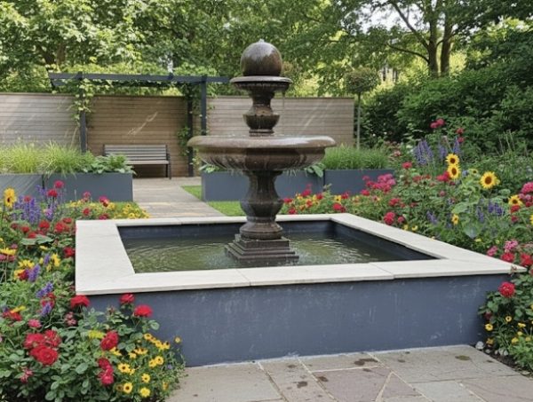 Square Hayward pool, with large 2 tier Regis ball fountain - Stone ...