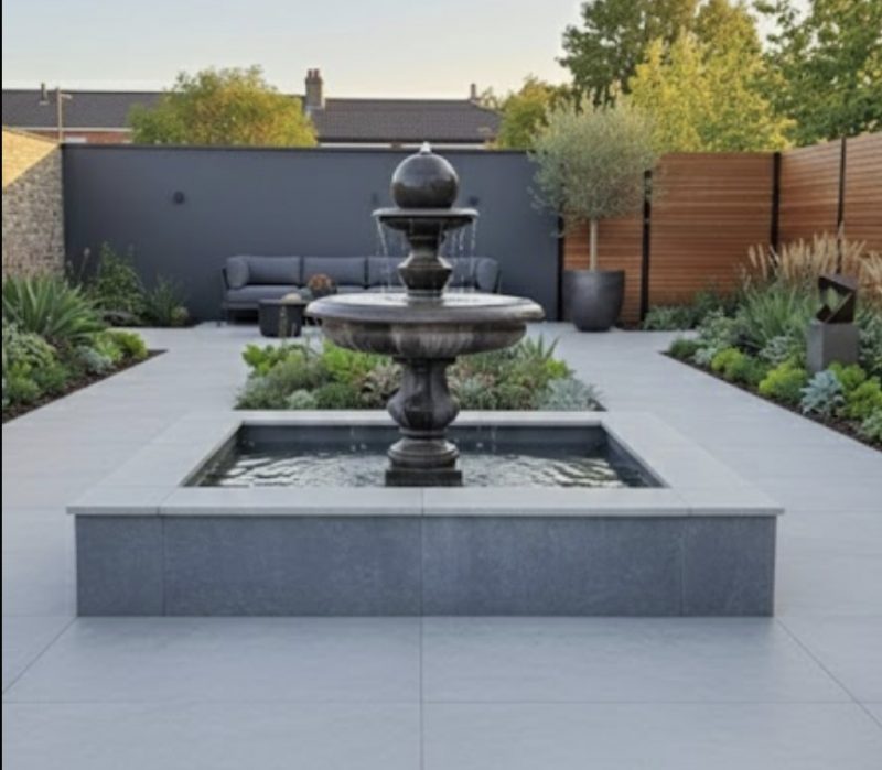 Square Hayward pool, with large 2 tier Regis ball fountain - Stone ...