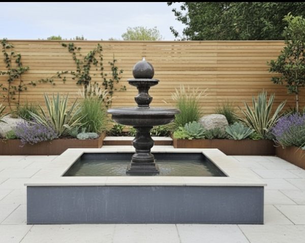 Square Hayward pool, with large 2 tier Regis ball fountain - Stone ...